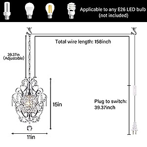 Plug in Pendant Lights with K9 Crystal，Hanging Lamp with 15Ft Clear Cord & On/Off Switch，Mini Chandelier for Closet Living Room Girls Room Bedroom Nursery