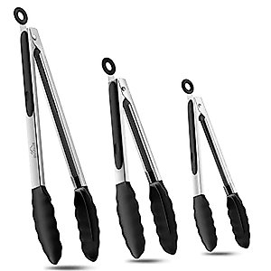 Bnlcd Kitchen Tongs, Premium Stainless Steel Locking Cooking Tongs with Silicone Tips, Non-Slip Food Tongs for Cooking, Heavy Duty, Non-Stick, 480℉, Set of 3-7" 9" and 12" Black