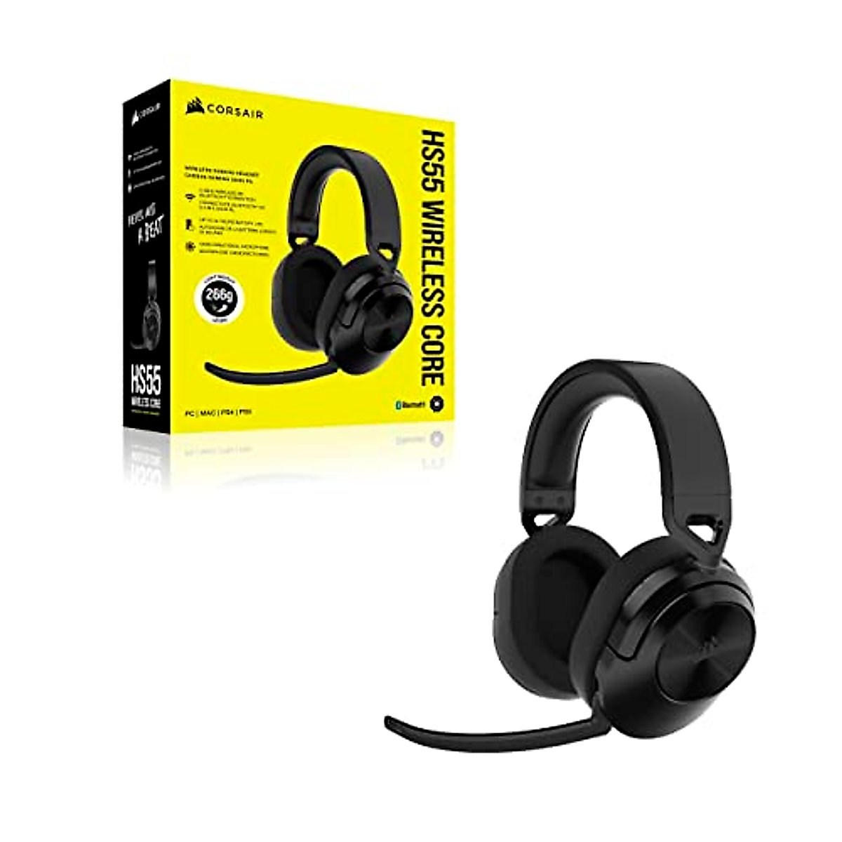 Corsair HS55 Wireless CORE Gaming Headset - Low-Latency 2.4Ghz, Up to 50ft Bluetooth Range, Lightweight Construction, Tempest 3D AudioTech Support on PS5, Omni-Directional Microphone - Black