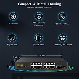 16 Port 100Mbps PoE+/ 2 Giga Up-Link Ports/ 1 Fiber SFP Port, 802.3af/at Unmanaged 300W Built-in Power, Extend Function, Metal, 19" Plug and Play
