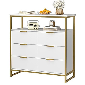 FACBOTALL Modern White Dresser, 6 Drawer Dresser with Shelf, Wood Chest of Drawers with Sturdy Steel Frame, Large Capacity 6 Drawer Dresser for Living Room Home