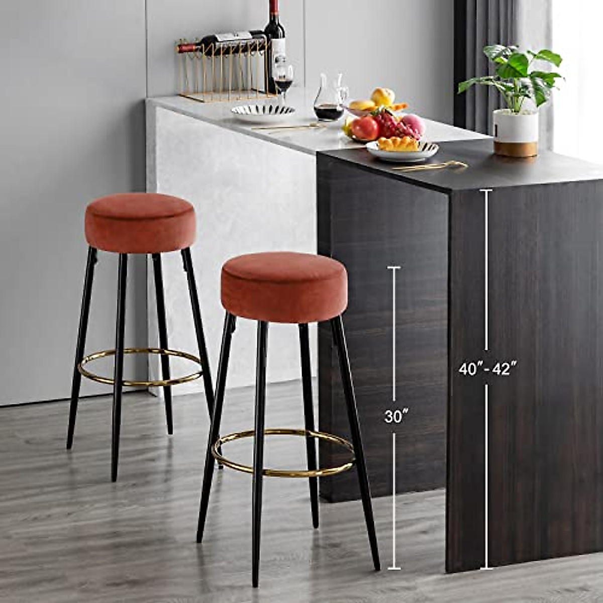 Fefances Pink Bar Stools Set of 2 Modern Round Velvet Bar Stools Kitchen Breakfast Round Dining Chair 30 inch Height