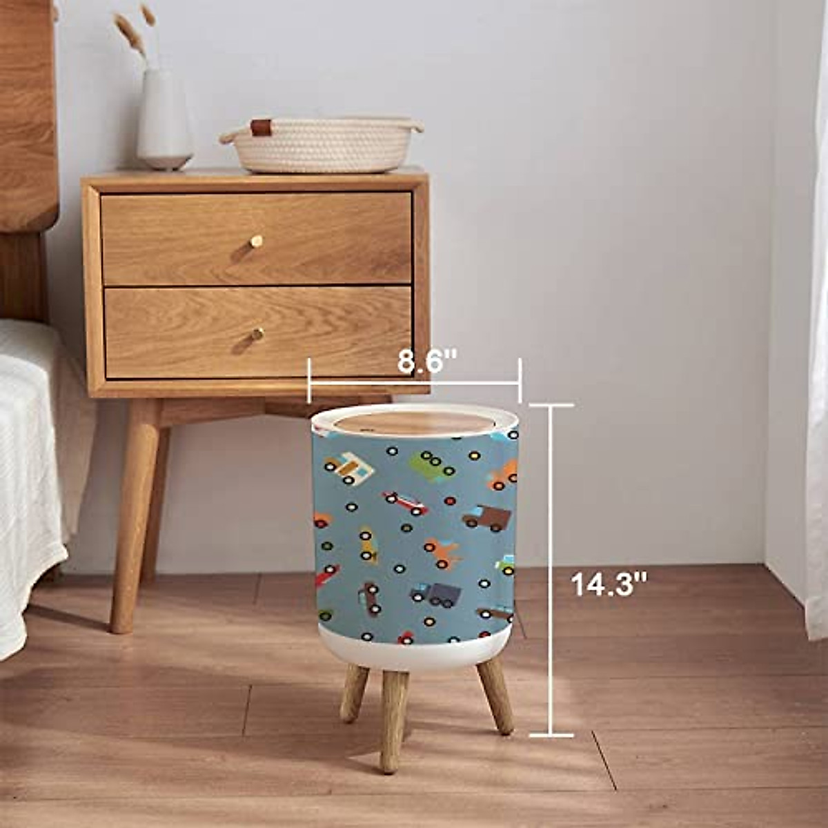 Trash Can with Lid Seamless with Cars and Trucks Simple Illustrations Nursery Room Press Cover Small Garbage Bin Round with Wooden Legs Waste Basket for Bathroom Kitchen Bedroom 7L/1.8 Gallon