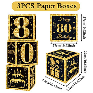 80th Birthday Decorations Boxes for Men- 3PCS Black Gold Happy 80th Birthday Balloons Boxes, 80 Year Old Party Supplies for Men Women