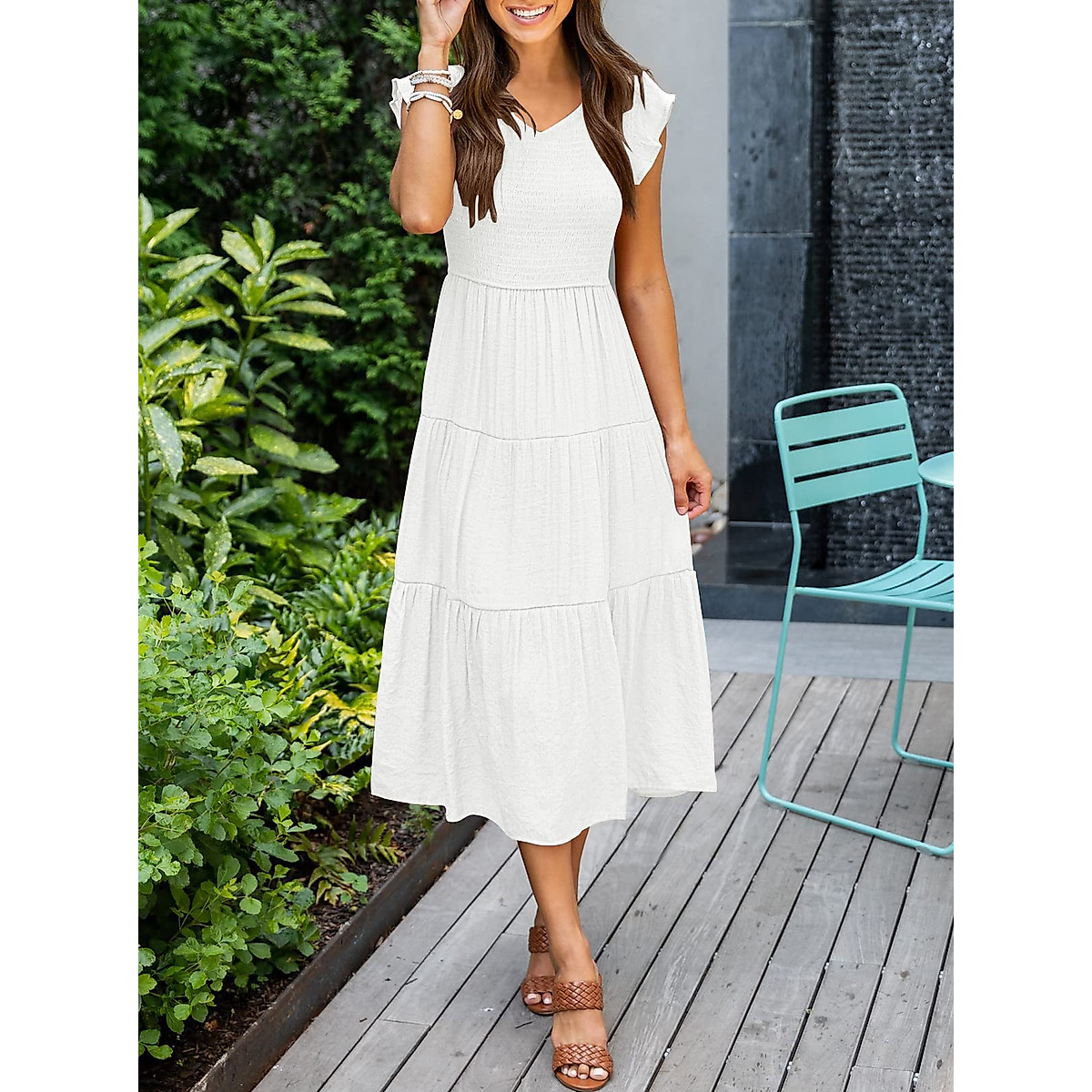 MEROKEETY Women's 2024 Summer Smocked V Neck Tiered Swing Long Midi Dress with Pockets, White, S