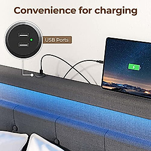 Rolanstar Bed Frame Queen Size with LED Lights and USB Ports, Upholstered Bed with Adjustable Headboard and 4 Drawers, No Box Spring Needed, Easy Assembly, Dark Grey