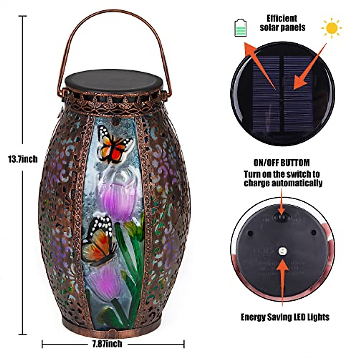 Outdoor Solar Lantern-Waterproof Butterfly Hanging Metal Decorative Lights for Patio Table Garden Pathway Yard with Super Bright Warm White LED, Large Solar Panels, Auto On/Off Light
