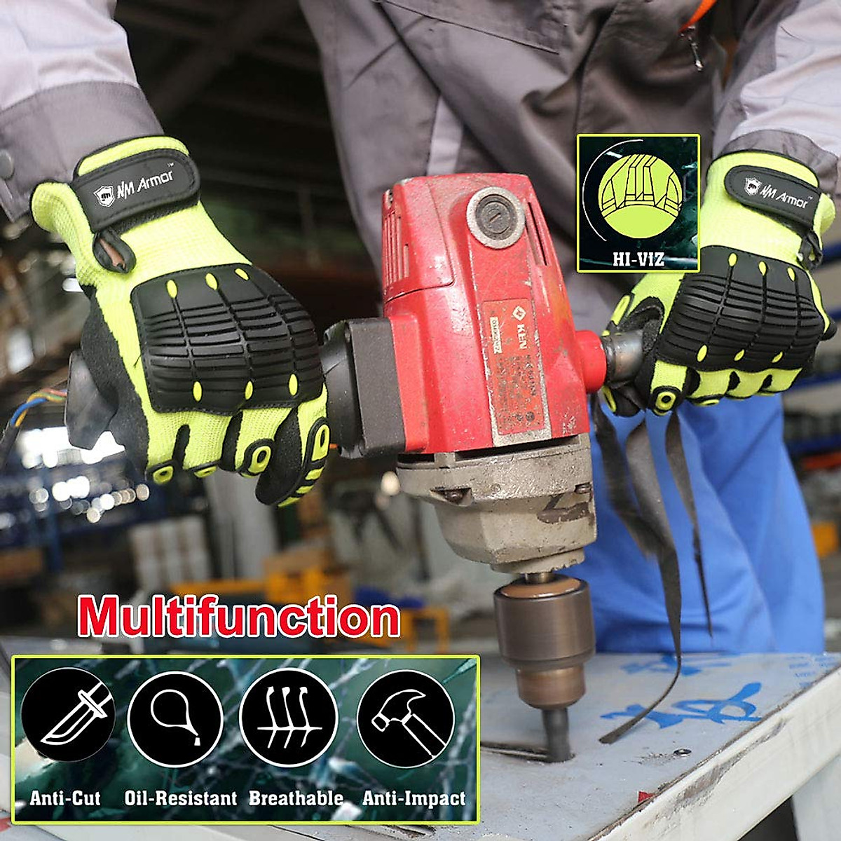 Nmsafety Anti Vibration Oil-proof Cut Resistant Safety Work Glove,Full finger,Yellow Nylon+HPPE+Glassfirbe Seamless Knitted Liner With Sandy Nitrile Rubber Palm,Excellent Grip. (Large)