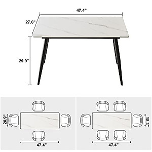 seonyou Dining Table Slate Stone with Sturdy Black Metal Base, White Mid Century Modern Dining Table Kitchen Tables for Small Spaces Rectangular Dining Room Table Restaurant（47“L）