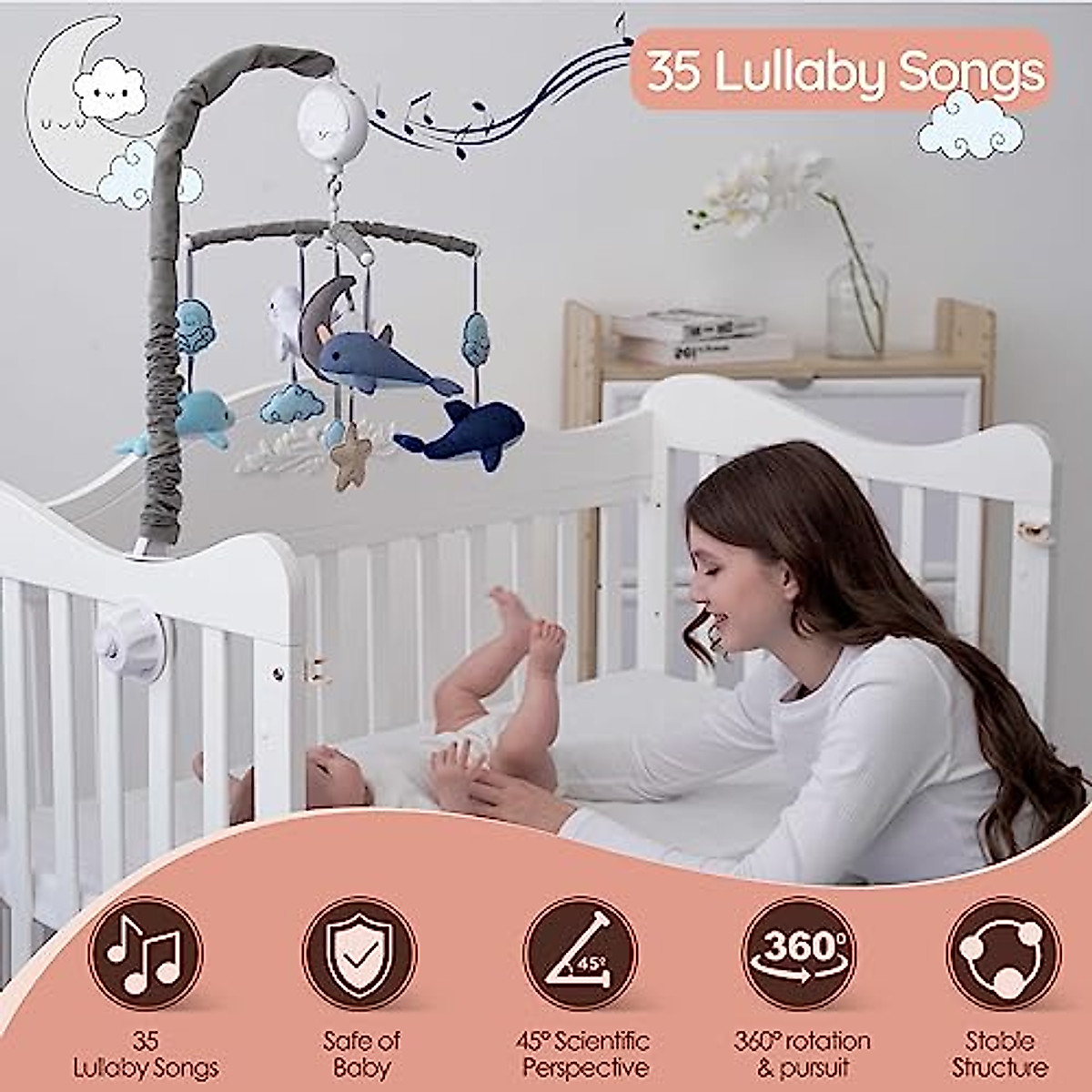 Baby Mobile for Crib,ACRABROS Crib Mobile for Boys Girls,35 Lullabies Digital Musical Box,Woodland Nursery Decor Toys,Ocean Animals