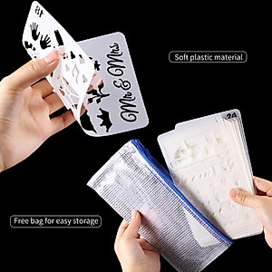 48 Pieces Journal Planner Stencils Plastic Bullet Stencil with A6 File Bag, Steel Ruler and 2 Pieces Metal Key Rings for Notebook, Diary, Scrapbook and DIY Drawing Template, Total 52 Pieces