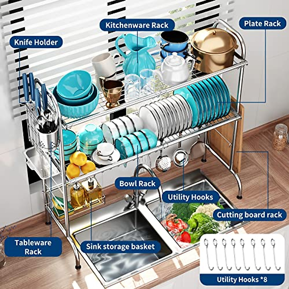 MOUKABAL Over The Sink Dish Drying Rack, Over Sink Dish Drying Rack with 2 Tier Utensil Holder,Large Stainless Steel Dish Racks for Kitchen Counter(fit≤33" Sink)