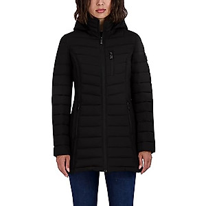 Nautica Women's 3/4 Midweight Stretch Puffer Jacket with Hood, Black, X-Small