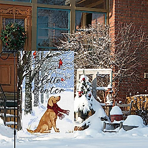 Hello Winter Dog Garden Flag 12x18 Double Sided, Burlap Farmhouse Small Golden Cardinal Retriever Garden Yard Flags for Winter Seasonal Outside Outdoor House Holiday Decor (ONLY FLAG)