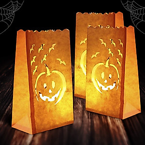 Homemory 24 Pack Halloween Luminary Bags, Flame Resistant Luminaries, Orange Tea Light Candle Bags for Halloween Decoration, Parties, Fall Festival