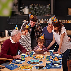 Kederwa Navy Blue and Gold Happy Birthday Plates and Napkin Party Supplies, 20 Guest Birthday Paper Plates and Cup Napkin Straws for Blue and Gold Party Tableware