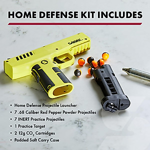 SABRE Pepper Projectile Launcher, Home Defense. Mag holds 7 .68 Caliber projectiles, Adjustable Fiber Optic Sights, Direct Impact Up to 60ft. Area Saturation Up to 175ft, 350 FPS Velocity. 12g CO2