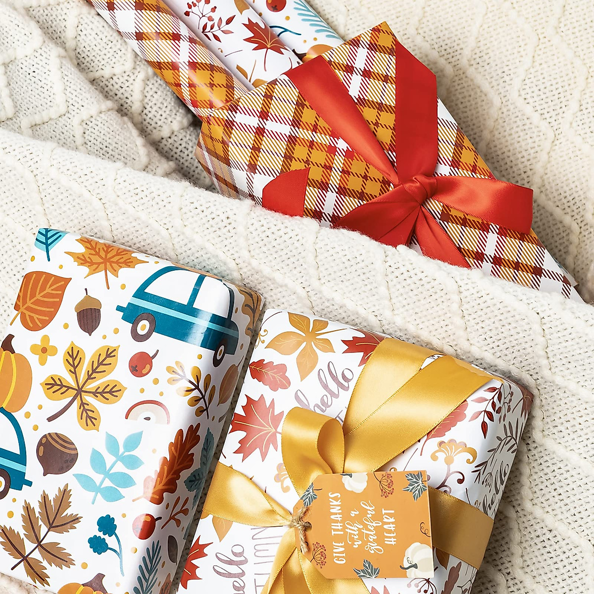 LeZakaa Fall Wrapping Paper Roll - Mini Roll - Maple Leaf with Hello Autumn Chestnut and Car/Plaid Print for Gift Wrap, Craft - 17 x 120 inches - 3 Rolls (42.5 sq.ft.ttl.)