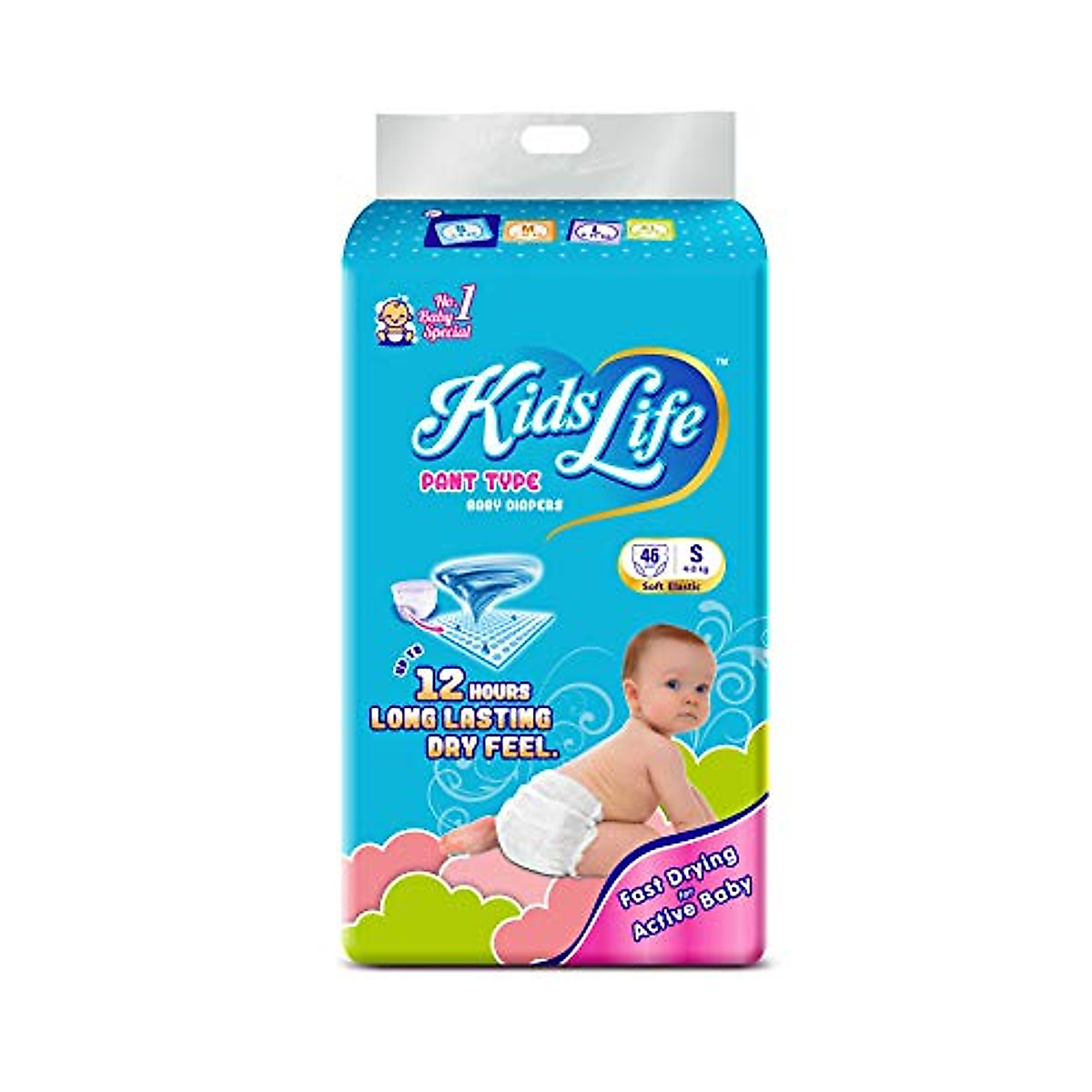 Kids Life Pant Type Baby Diapers, Soft Elastic, Upto 12 Hours Long Lasting Dry Feeling (Size S, 46 Diapers, 4-8 KG) (S)