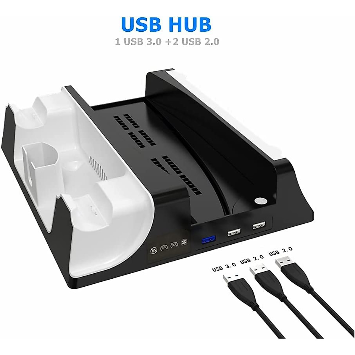 JDDWIN PS5 Vertical Charging Stand with Cooling Fan & Controller Hanger for PS5 Console,PS5 Stand Accessories with Dual Controller Charger and Game Rack Storage Organizer with 3 USB Ports