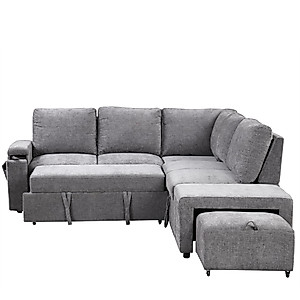 LUMISOL Sectional Sofa with Storage Space, 6 Seat Modular Couch with Cup Holders on The Armrests and USB Ports, L-Shaped Indoor Funiture with Ottoman and Pull-Out Structure for Living Room, Gray