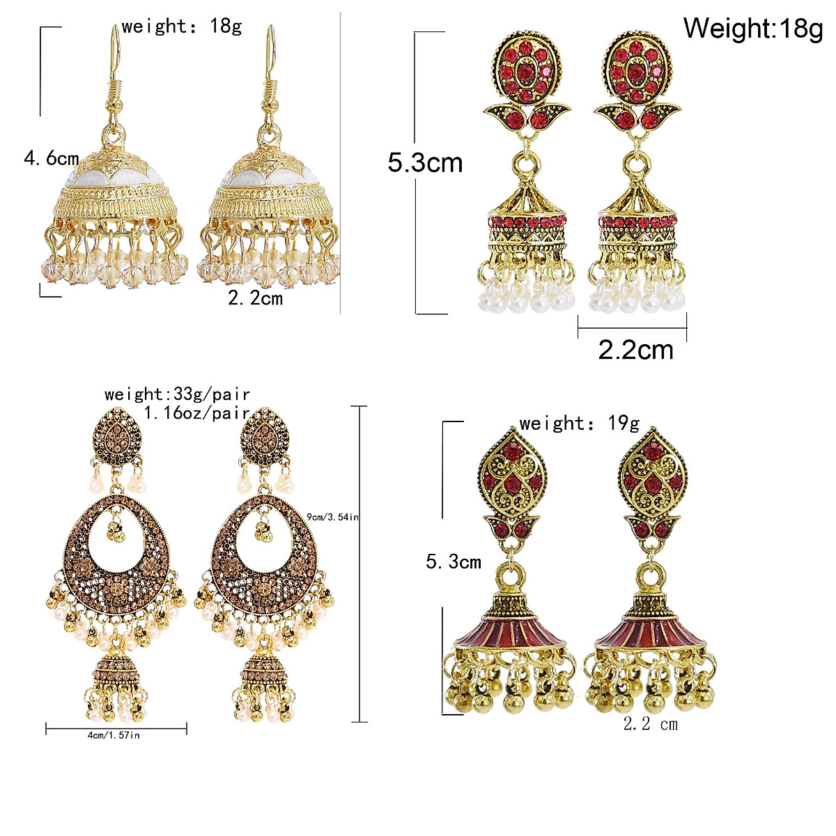 6 Pairs Indian Jhumka Jhumki Ethnic Dangle Earring Sets for Women Vintage Silver Gold Long Tassel Bell Drop Earrings Boho Jewelry (C)