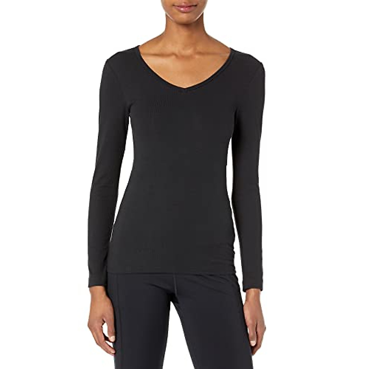 Amazon Essentials Women's Fitted Long Sleeve Shirt, Slim-Fit - Layering Knit Rib V-Neck (Plus Size Available), Pack of 2, Black, Large