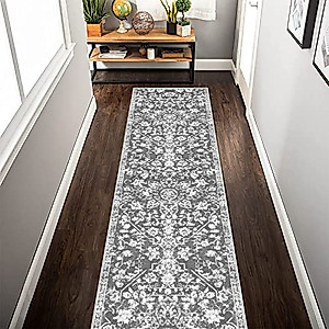 Pauwer Vintage Distressed Runner Rug, Washable Long Area Rug, Medallion Carpet Runner for Laundry Room Kitchen Floor Hallways Bedroom (Grey, 1.7'X10' Ft)