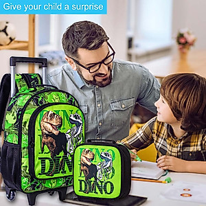 CCJPX 3PCS Kids Rolling Backpack Boys, Dinosaur School Bookbag with Wheels, Roller Wheeled Backpacks for Toddler Elementary