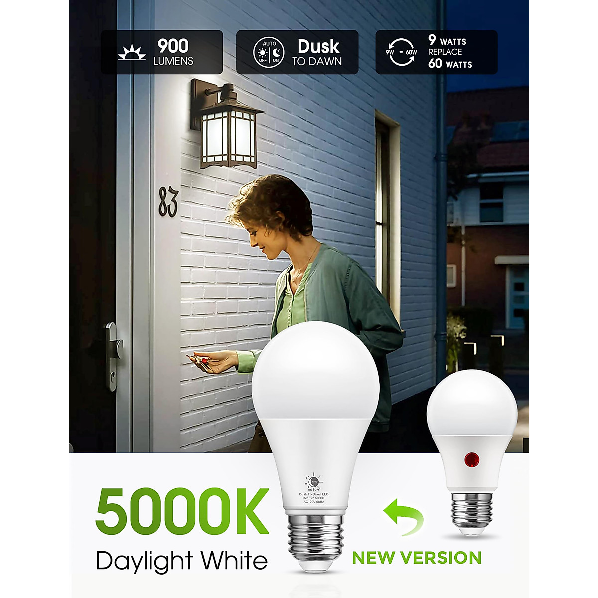 LOHAS Dusk to Dawn Light Bulbs Outdoor, Light Sensor Bulb 60W Equivalent, A19 LED Bulb Daylight 5000K, 9W Photocell Sensor LED, 900LM Auto On/Off Porch Light, E26 Base for Garage, 2Pack