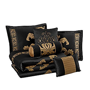 Chezmoi Collection 7-Piece Jacquard Floral Comforter Set/Bed-in-a-Bag Set, King, Black Gold