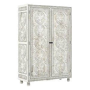 Khalifa Hand Carved Wardrobe Armoire - Weathered White Finish Mango Wood