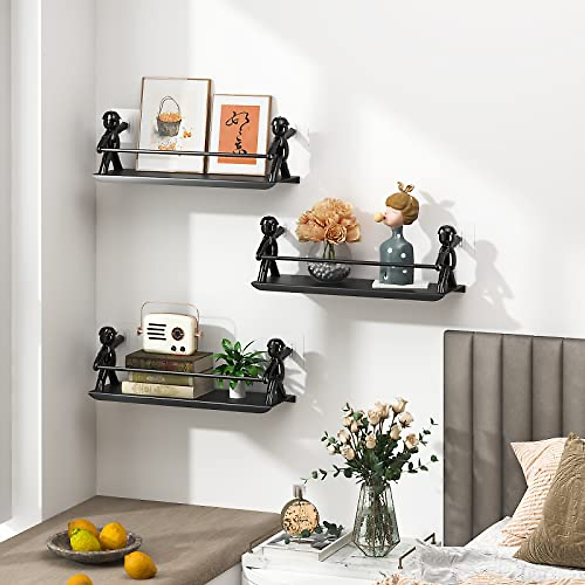 coorack Floating Shelves Wall Mounted, 2 Pack Metal Black Bathroom Shelf with Towel Bar, Modern Organizer Decorative Storage for Kitchen Bedroom Living Room, 13D x 42W 14H cm