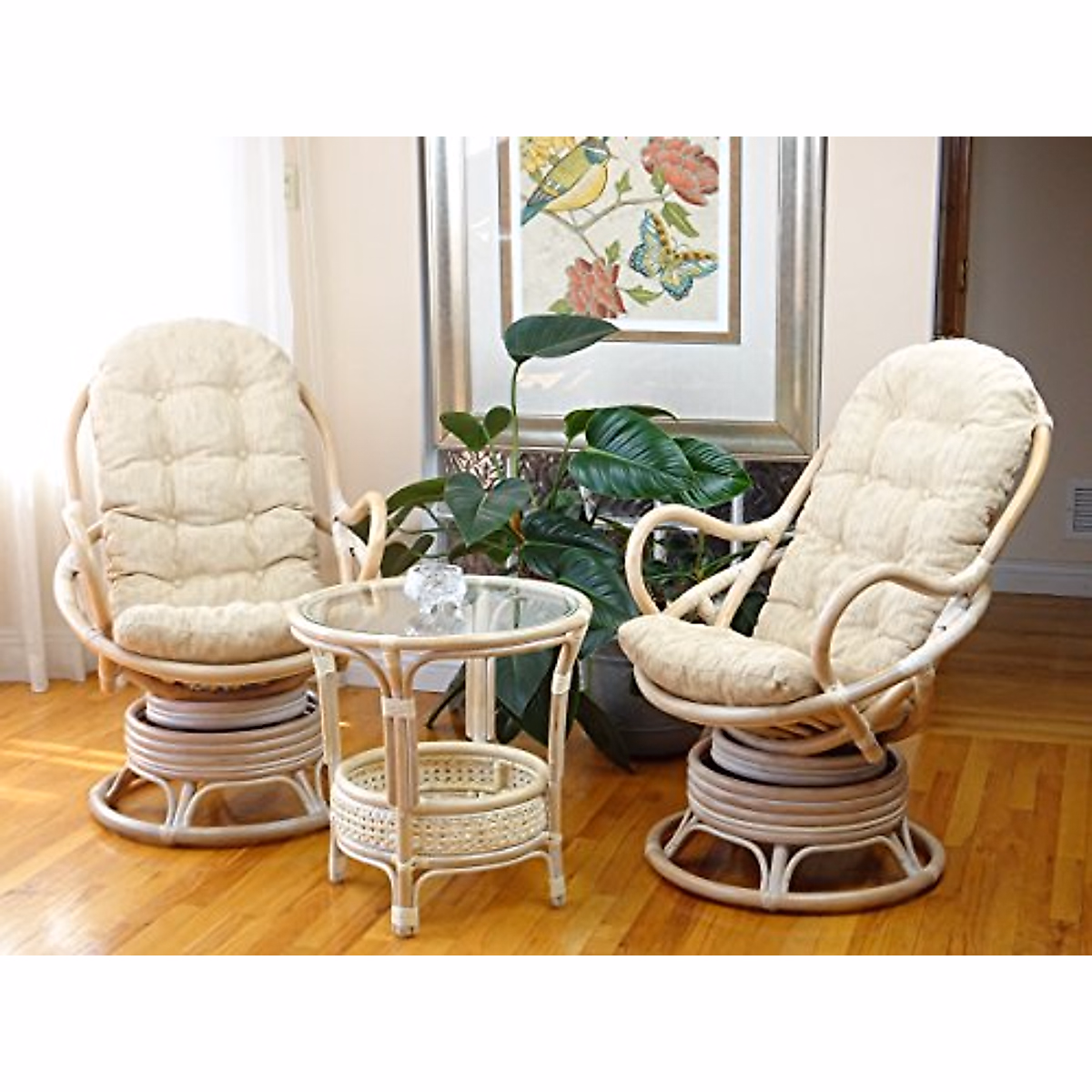 SK New Interiors Lounge Swivel Rocking Java Chair Rattan Wicker Handmade with Cream Cushion, White Wash