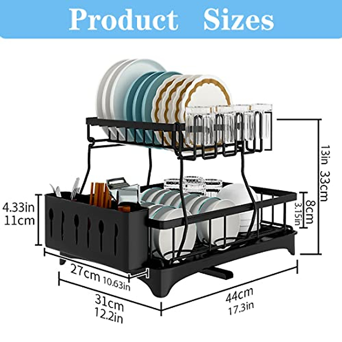 NIUXX Large Dishes Drying Rack Drainboard Set, 2 Tiers Stainless Steel Drainers Holder with Drainage Tray, Kitchen Counter Dish Dryer with Detachable Wine Glass Markcups Utensil Holder, Ideal Gift
