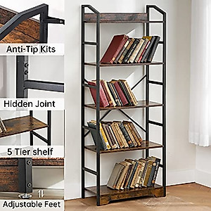 Vagusicc 5 Tier Bookshelf with 2 Storage Baskets, Tall Bookcase Shelf Storage Organizer Wood Book Shelf, Modern Shelf Rack Shelves with Steel Frame, Multipurpose Bookshelf for Bedroom Living Room