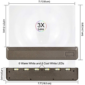 HONGUT Rechargeable Full Page Magnifier, Ultra Bright 12 LEDs Handheld Magnifying Glass with Cool/Warm White Light, Adjustable Brightness Illunimated Magnifier for Eye-Care, Reading Small Prints