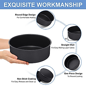 TeamFar 8 x 3 Inch Cake Pan Set, 2 PCS Stainless Steel Black Non-Stick Coating Baking Round Cake Pan for Birthday Wedding Layer Cakes, Non-Toxic & Anti-Rust, One-Piece Design & Heavy Duty