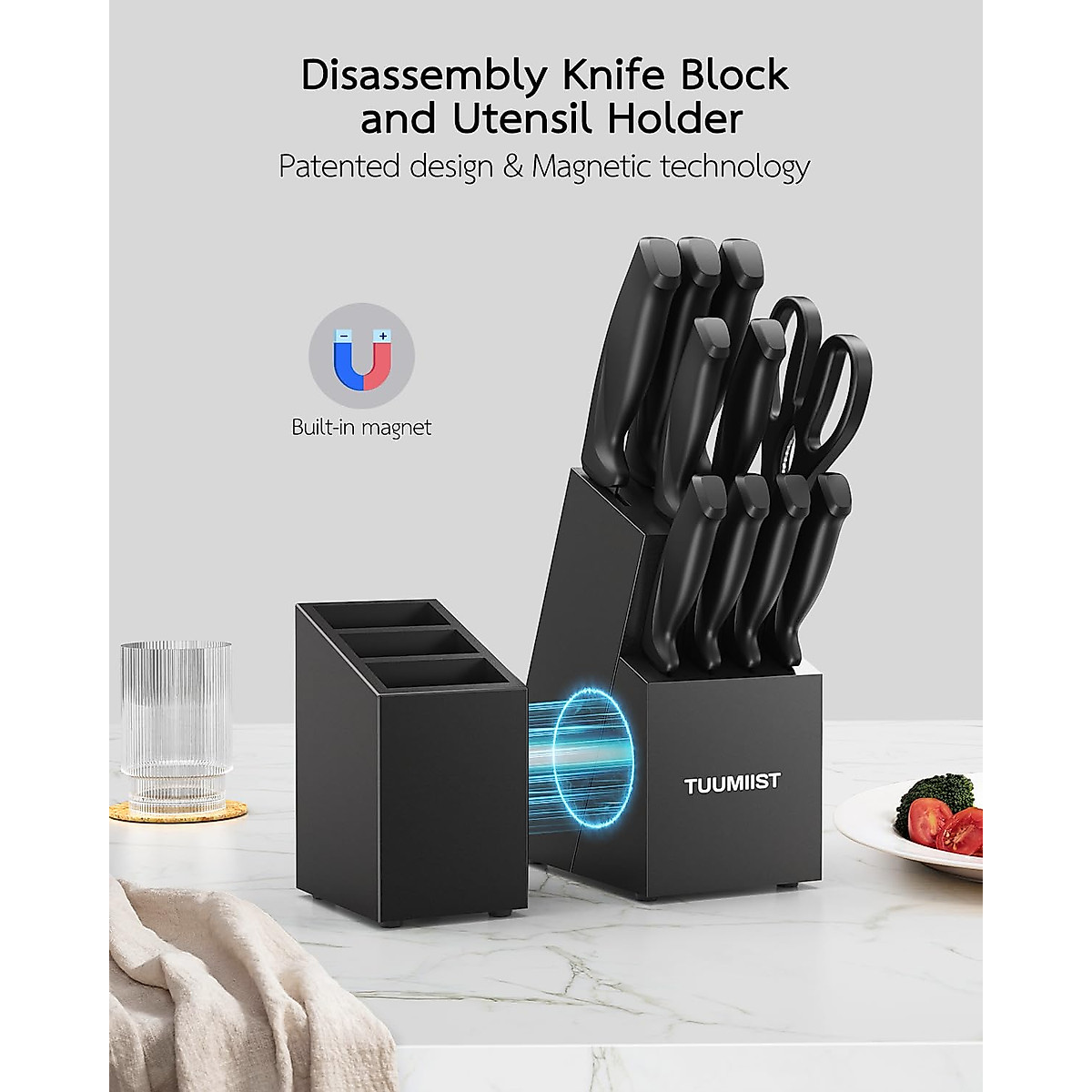Knife Set, TUUMIIST 18PCS Kitchen Knife Sets with Block and Sharpener, Kitchen Utensils Set, Removable Utensil Holder (Black)-Precision Cutting, Effortless Sharpening, Convenient Organization