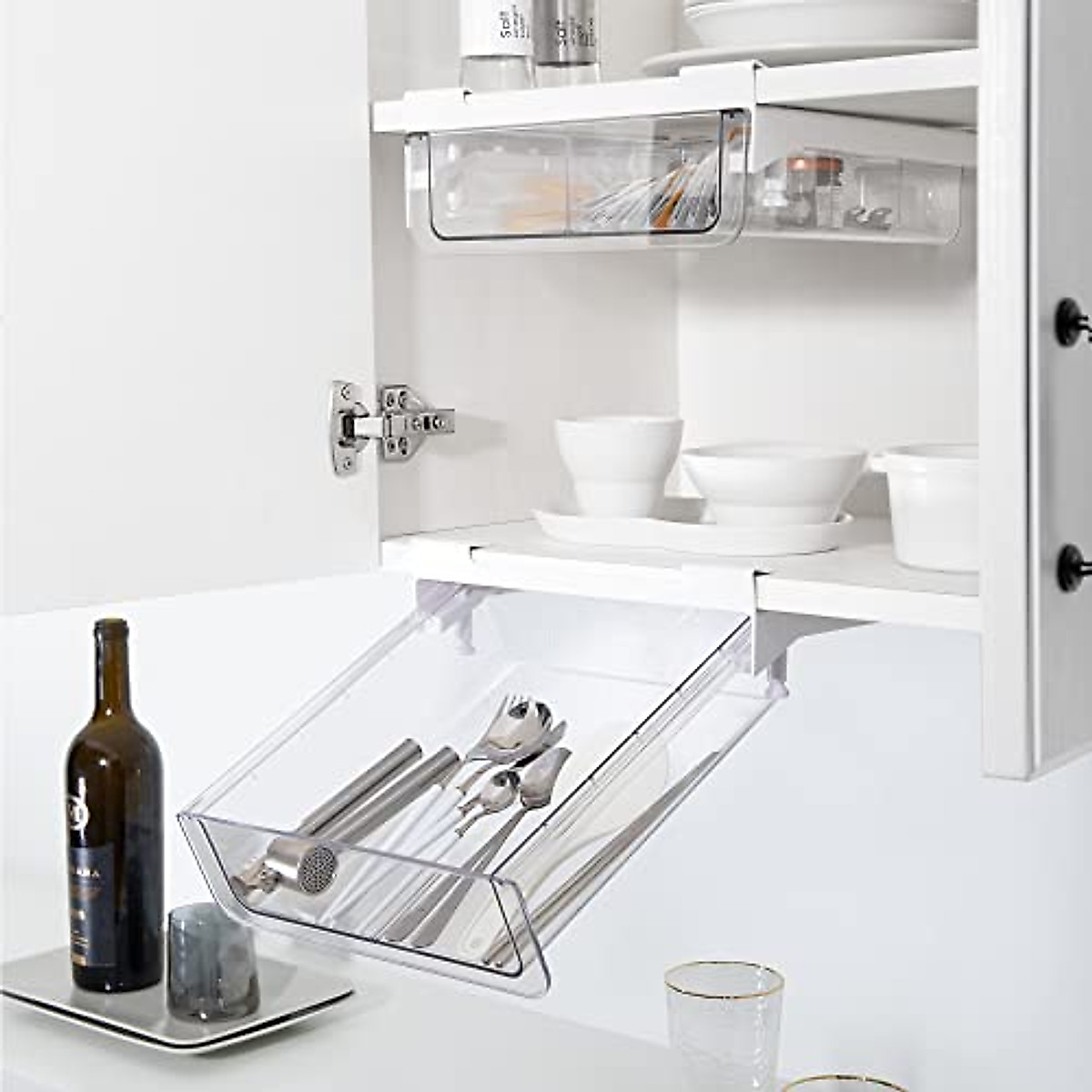 vacane Under Shelf Drawer Pull Out Under Cabinet Organizer Hanging Storage Baskets Easy to Install, Durable BPA-Free Plastic Storage Organizer for Kitchen Pantry, Cabinet Accessories
