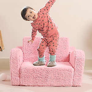 MOMCAYWEX Kids Chairs for Toddler, 2-in-1 Toddler Soft Sherpa Couch Fold Out, Convertible Sofa to Lounger for Girls and Boys, Pink