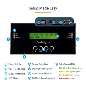 StarTech.com 1:1 Standalone Hard Drive Duplicator and Eraser, SAS/SATA HDD/SSD Cloner/Copier, Hard Drive Duplicator/Sanitizer, Harddisk/Harddrive Wiper, LCD, Toolless, TAA Compliant (SATSASDUPE11)