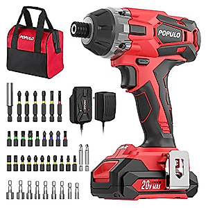 POPULO Impact Driver Bit Set,(250N.m)2,250 in-lbs 20V Max Lithium Ion Cordless 1/4" Hex Impact Drill Set,39 Piece S2 Impact Drive Bits,0-2900 RPM Variable Speed,2.0 Ah Li-ion Battery,Fast Charger