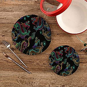 KEEPREAL Classic Embroidery Asian Dragon Trivet Pot Holder - Round Woven Potholders Set - Pure Cotton Braided Hot Pads - Coasters Table Mats for Cooking and Baking, 2-Pcs