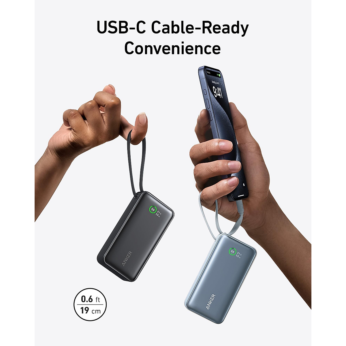 Anker Nano Power Bank, 10,000mAh Compact Portable Charger Battery Pack with Built-in USB C Cable, 30W Max Output with 1 USB-C, 1 USB-A, Compatible for iPhone 15 Series, MacBook, Galaxy, for Travel