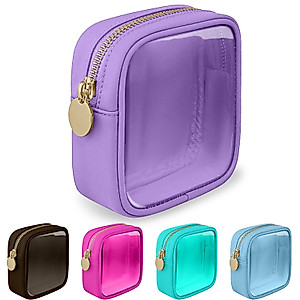 Mini Clear Travel Makeup Organizer Bag for Purse, Small Cute Makeup Bag Preppy Cosmetic Zipper Pouch Purse, Transparent PVC & Nylon Travel Coin Pouch Sanitary Napkin Storage Bag for Women Girl(Purple)