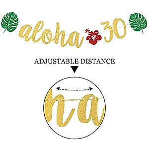 Aloha 30 Banner, Aloha Party Decorations, Hawaiian 30th Birthday Banner for Tropical Luau Birthday Party Decorations, Palm Leaf Decorations Gold Green Glitter