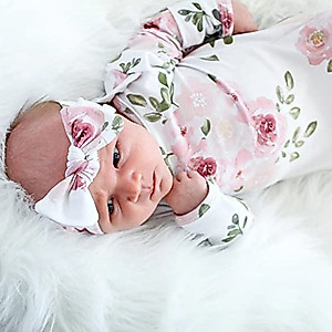 Mikccer Baby Newborn Knotted Gown 0-6 Months, Soft Breathable Sleeper Gowns, Babies Girl Coming Home Outfit Infant Watercolor Flowers Nightgowns with Headband Set