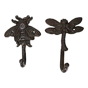 Ebros Set of 4 Cast Iron Vintage Rustic Fancy Bugs Bee Ladybug Butterfly and Dragonfly Wall Hooks Plaque Countryside Western Vintage Cottage Home Or Office Organization