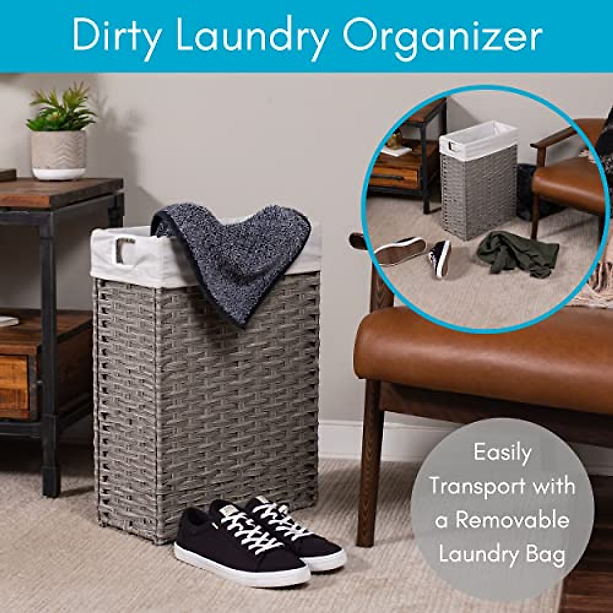 BIRDROCK HOME 22" Slim Laundry Hamper with Removable Liner Bag | Grey | Handwoven | Compact Collapsible Clothes Basket | Synthetic PE Rattan